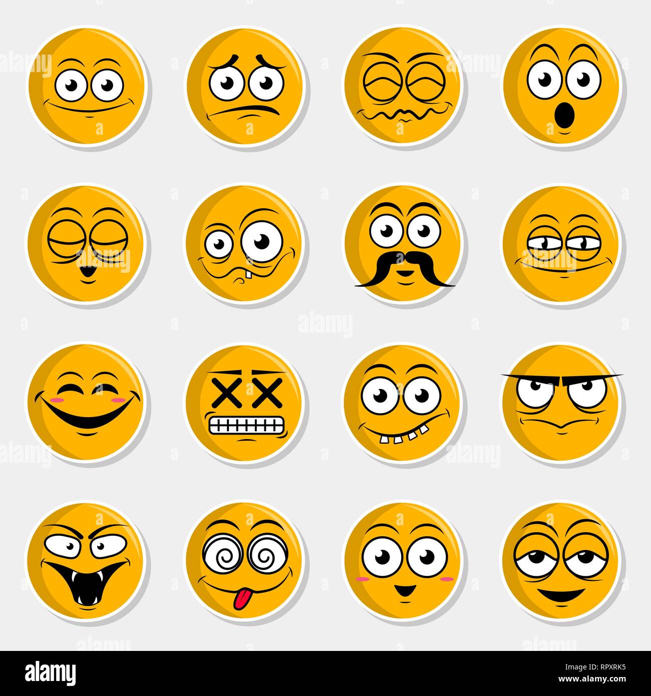 Sticker set of cute happy smiley emotions,yellow vector illustration ...
