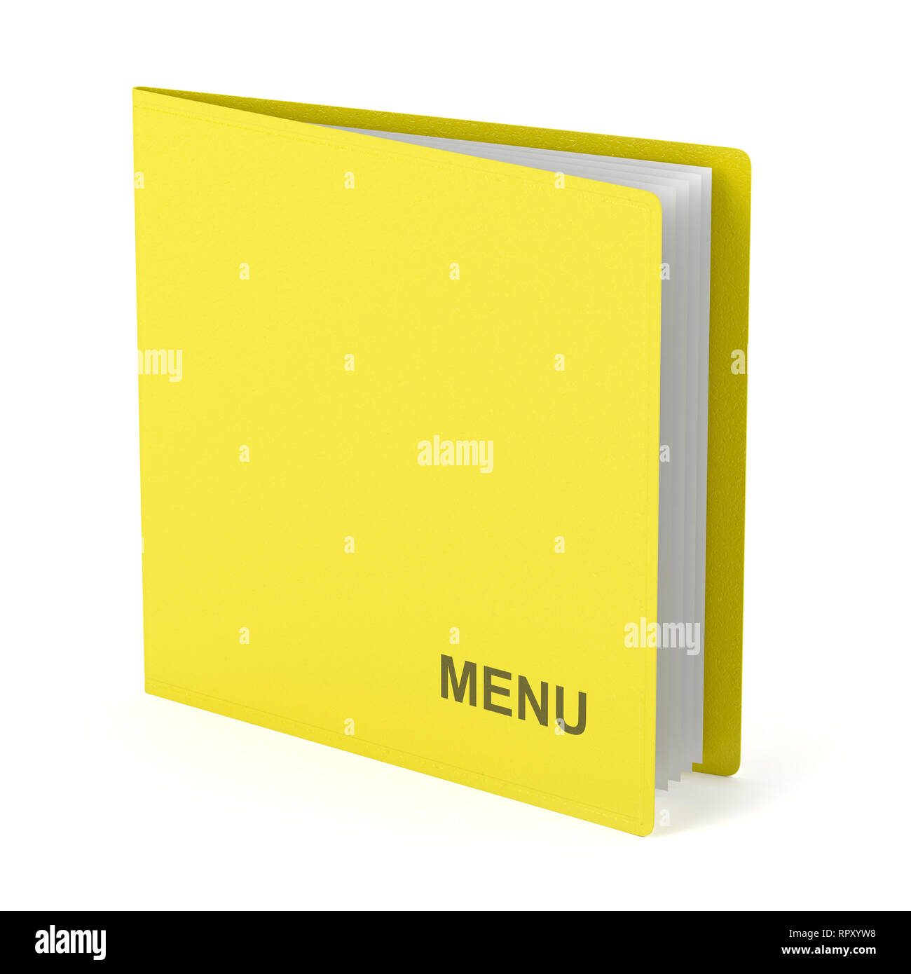Yellow menu with leather cover on white background Stock Photo - Alamy