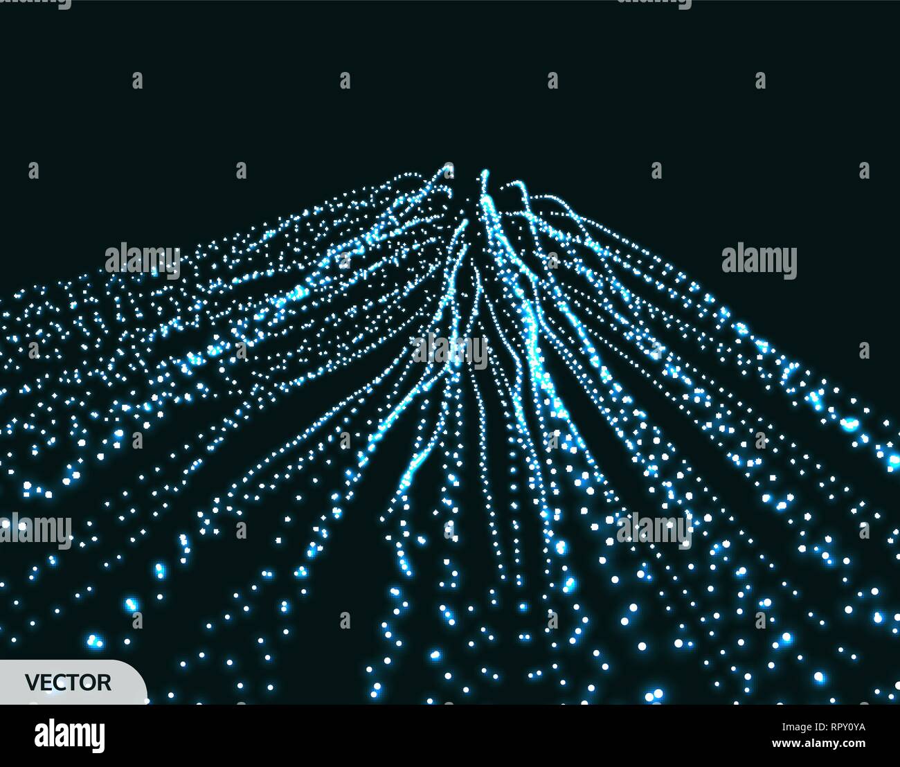 Array with dynamic emitted particles. 3D technology style. A glowing grid. Abstract background ...