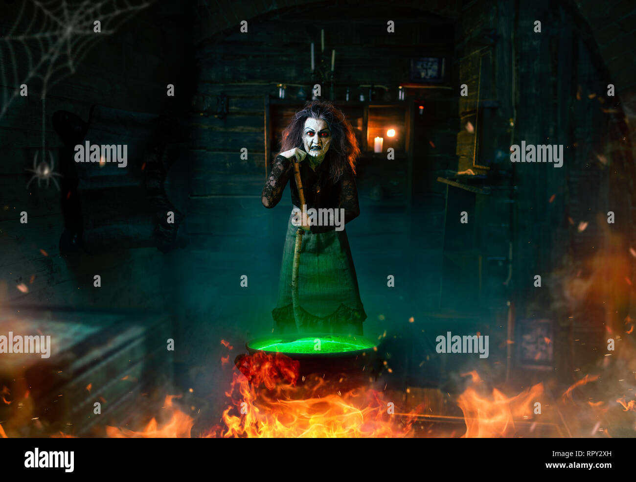 Scary witch cooking potions and reads the spell, spiritual seance ...