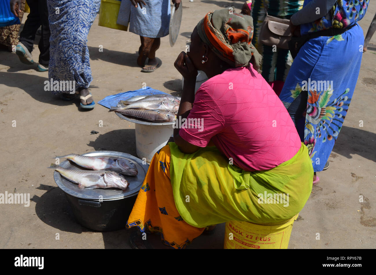 Busy fish market in Mbour, Senegal, a regional trade hub Stock Photo ...