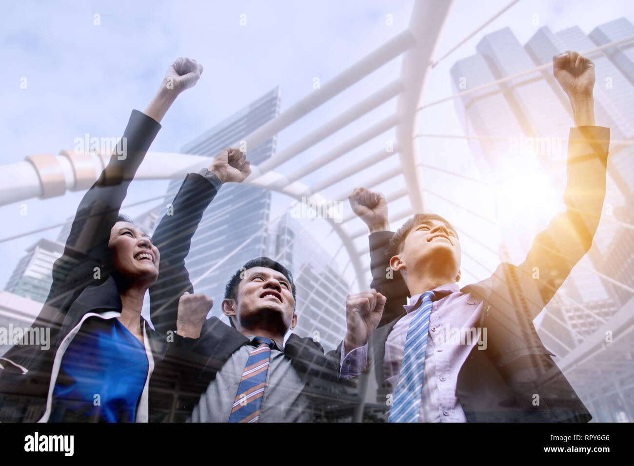 successful celebration team, group of business people jumping up to ...