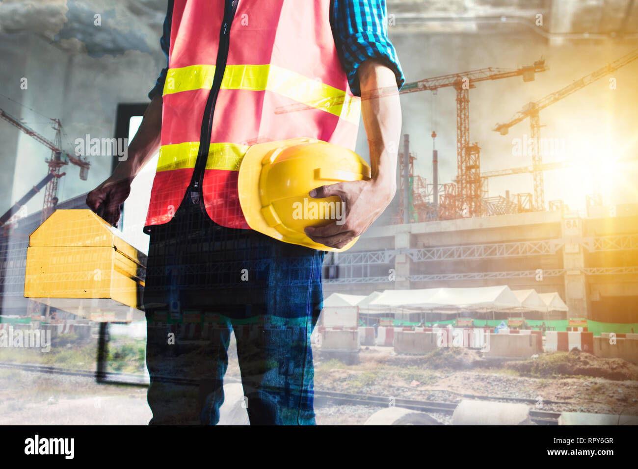double exposure construction worker with construction site Stock Photo ...