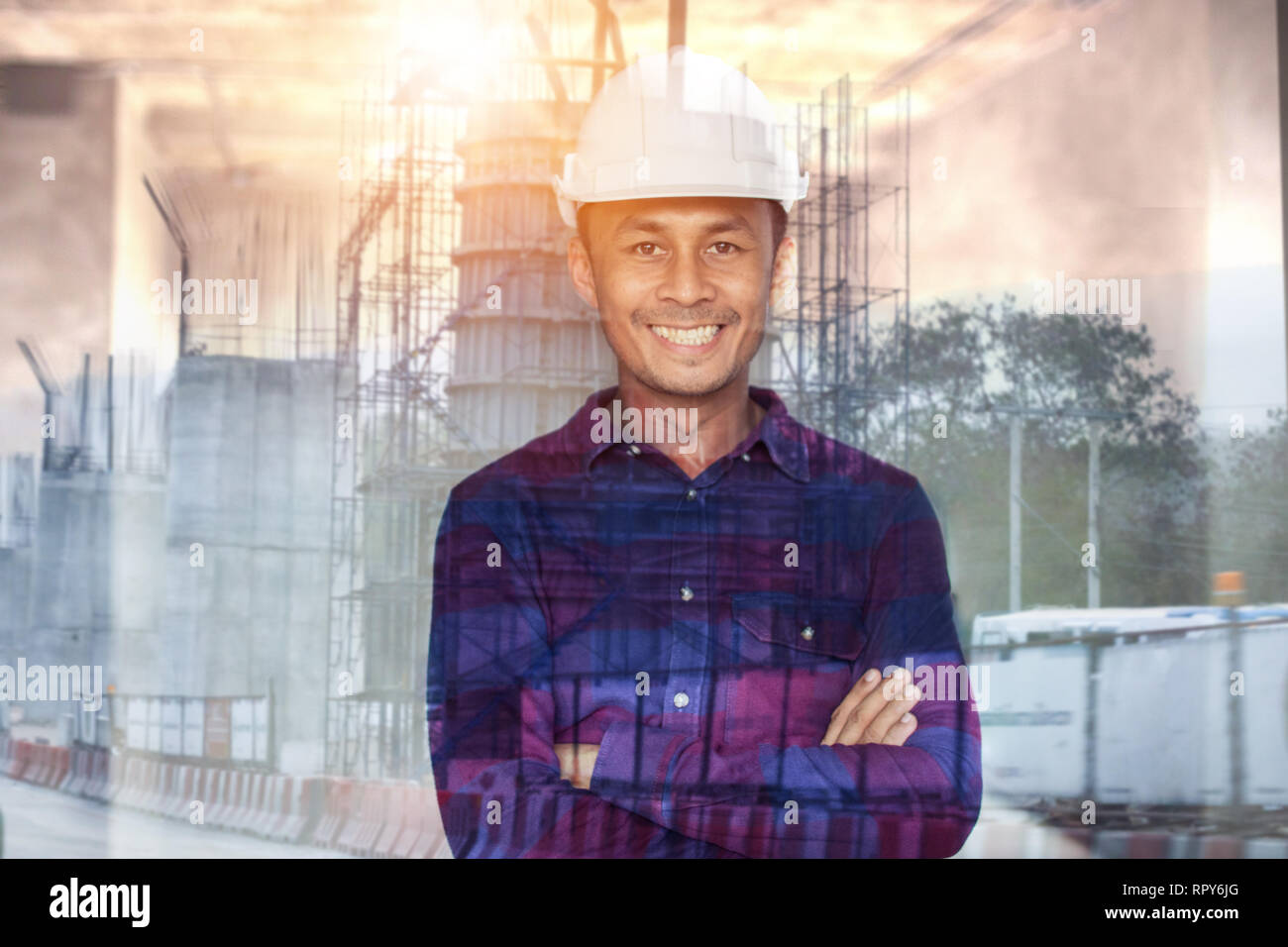 double exposure construction worker with construction site Stock Photo ...