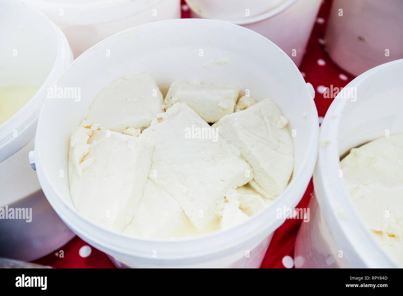 Fresh farmers cheese on local open food marketplace stand Stock Photo ...
