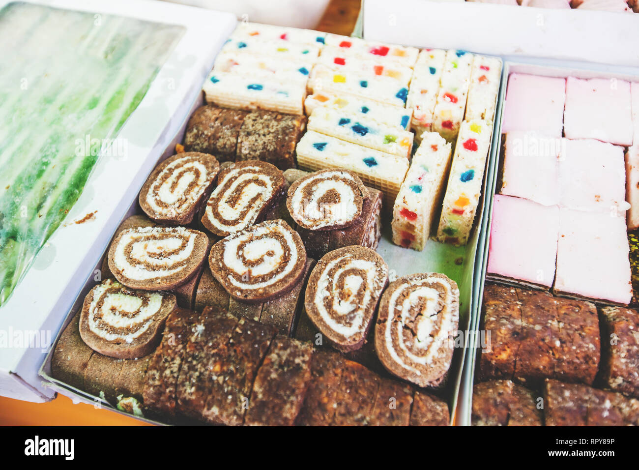 Selection of fresh tasty homemade cakes for sale at food market Stock ...