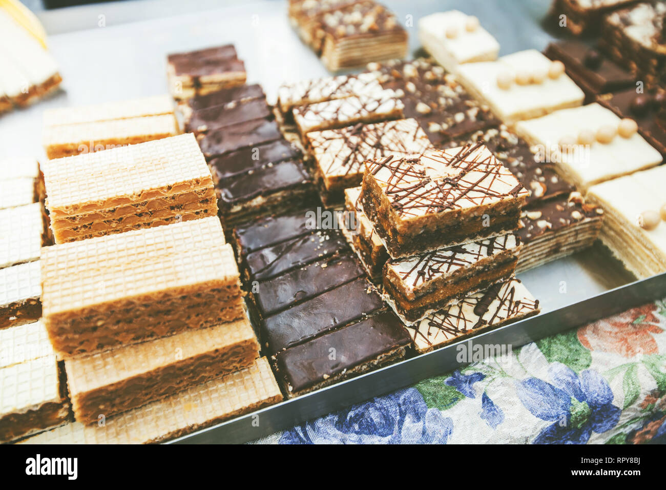Selection of fresh tasty homemade cakes for sale at food market Stock ...