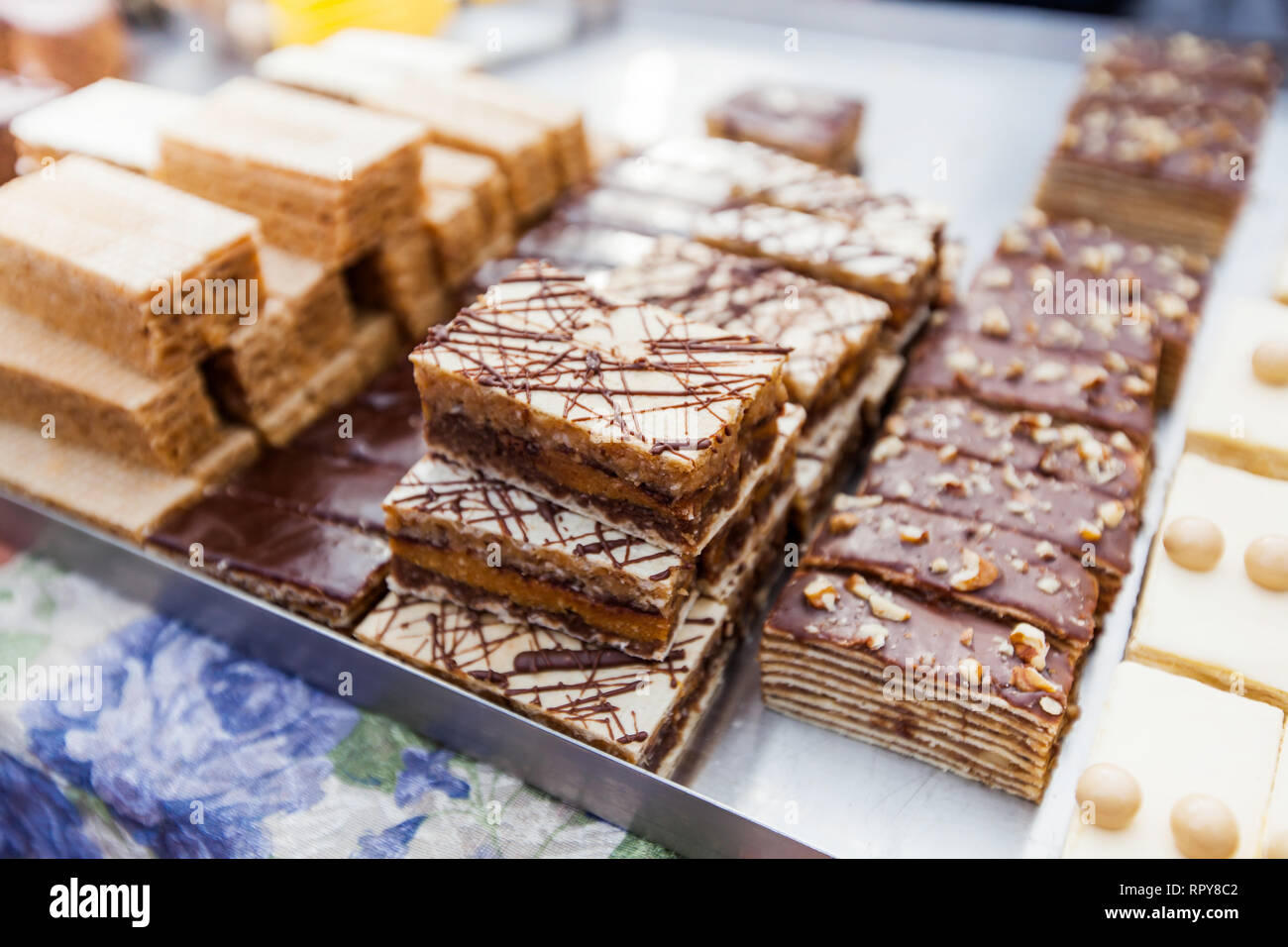 Selection of fresh tasty homemade cakes for sale at food market Stock ...