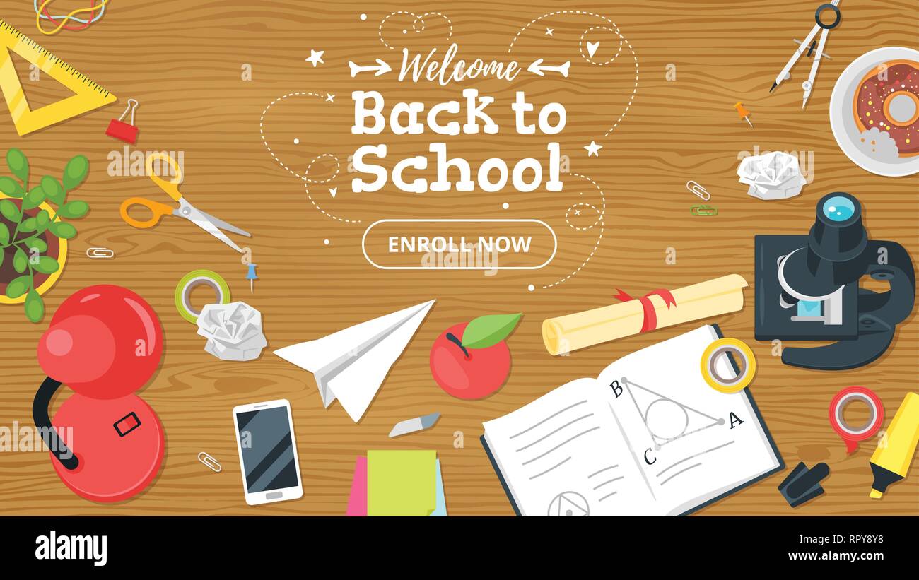 School workplace. Overhead desk top view. Vector illustration ...