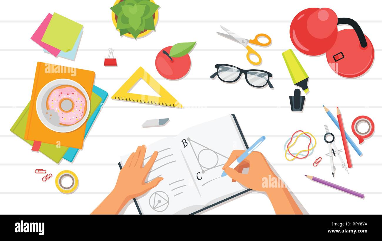 School workplace. Overhead desk top view. Vector illustration. Kids ...