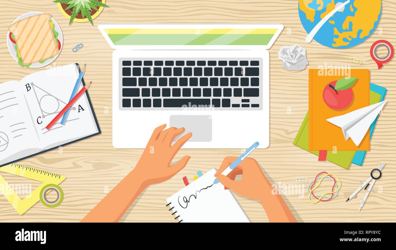 School workplace. Overhead desk top view. Vector illustration. Kids ...