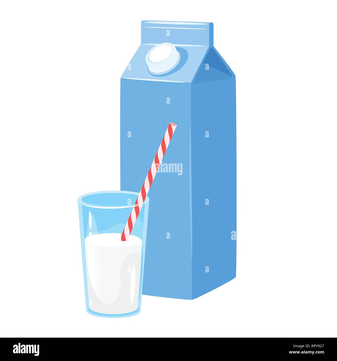 Paper blue pack of milk with glass and drinking straw. Vector ...