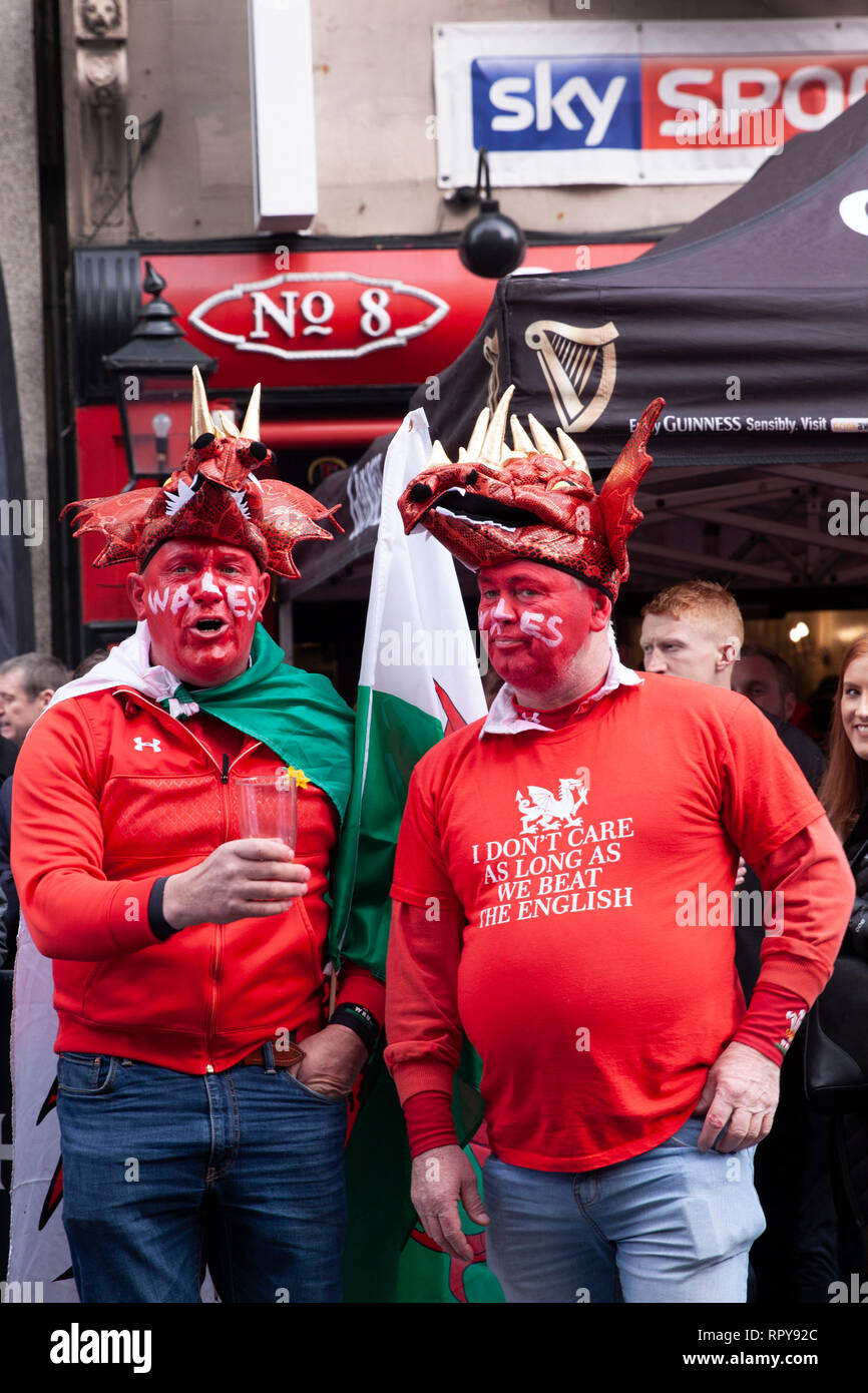 CARDIFF, UNITED KINGDOM. February 23rd 2019. Welsh Rugby fans enjoying ...