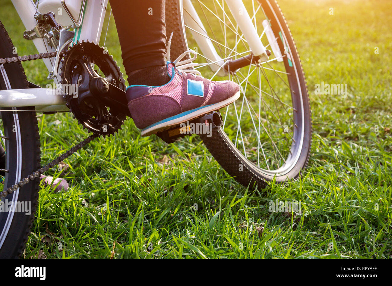 Female leg on the pedal of the bicycle in the forest Stock Photo - Alamy
