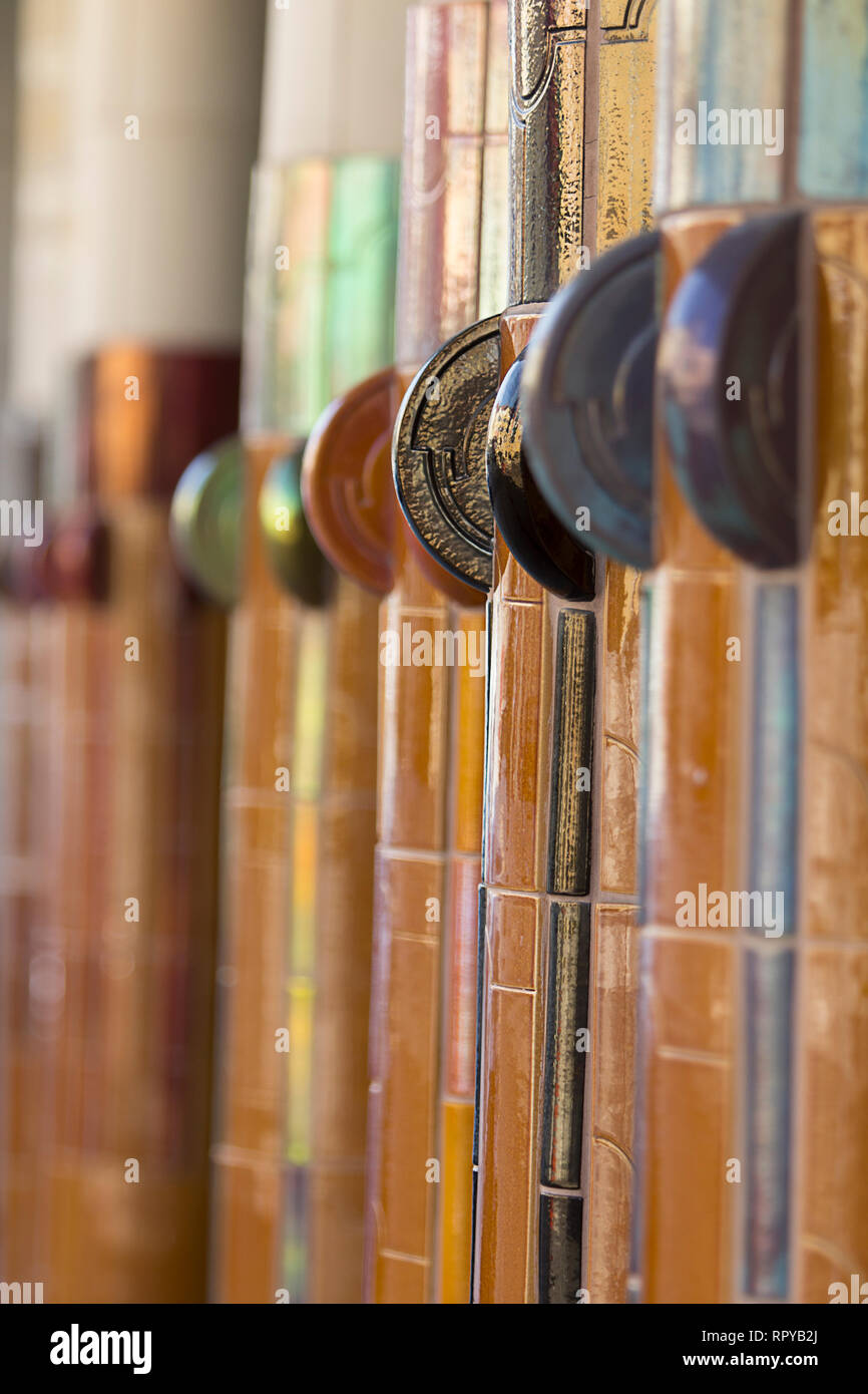 A series of exterior building columns decorated by ceramics unique to ...