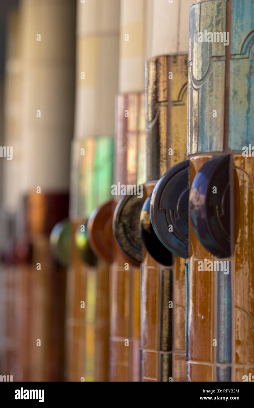 A series of exterior building columns decorated by ceramics unique to ...