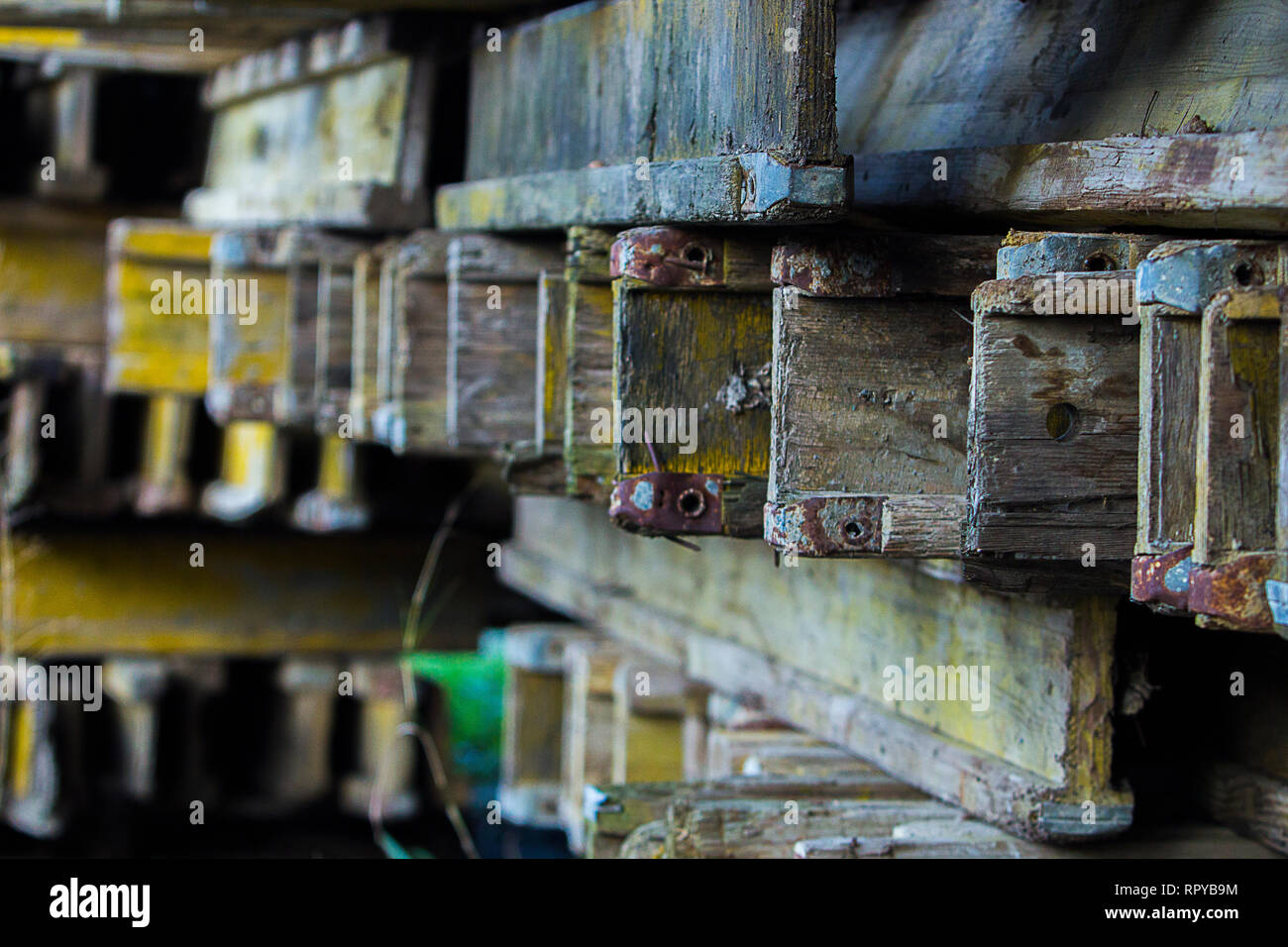 Array of falsework elements disjointed, stacked and left idle due to a ...