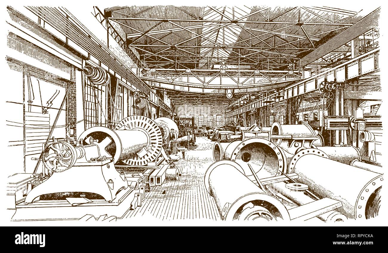 Interior view of a historic machine shop of a factory building with ...