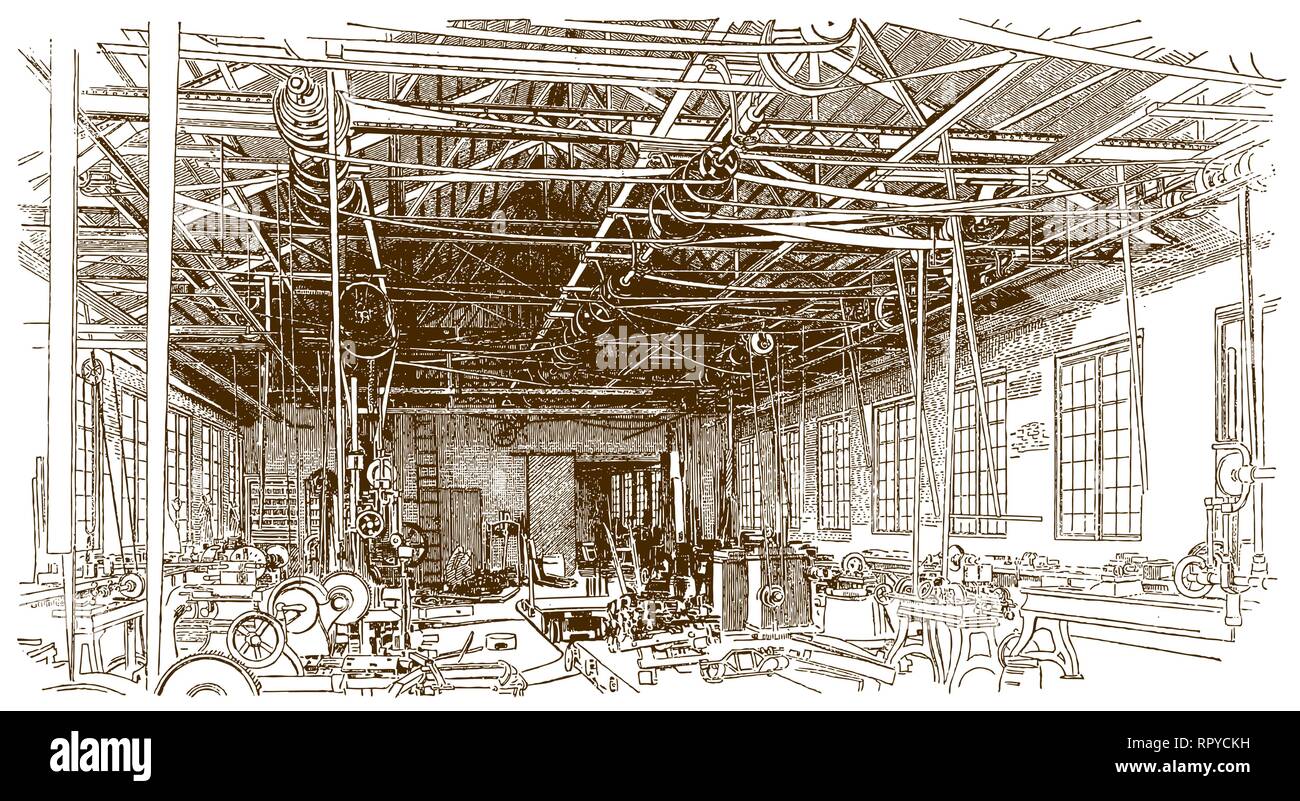 Interior view of a historic factory building with machinery (after an ...