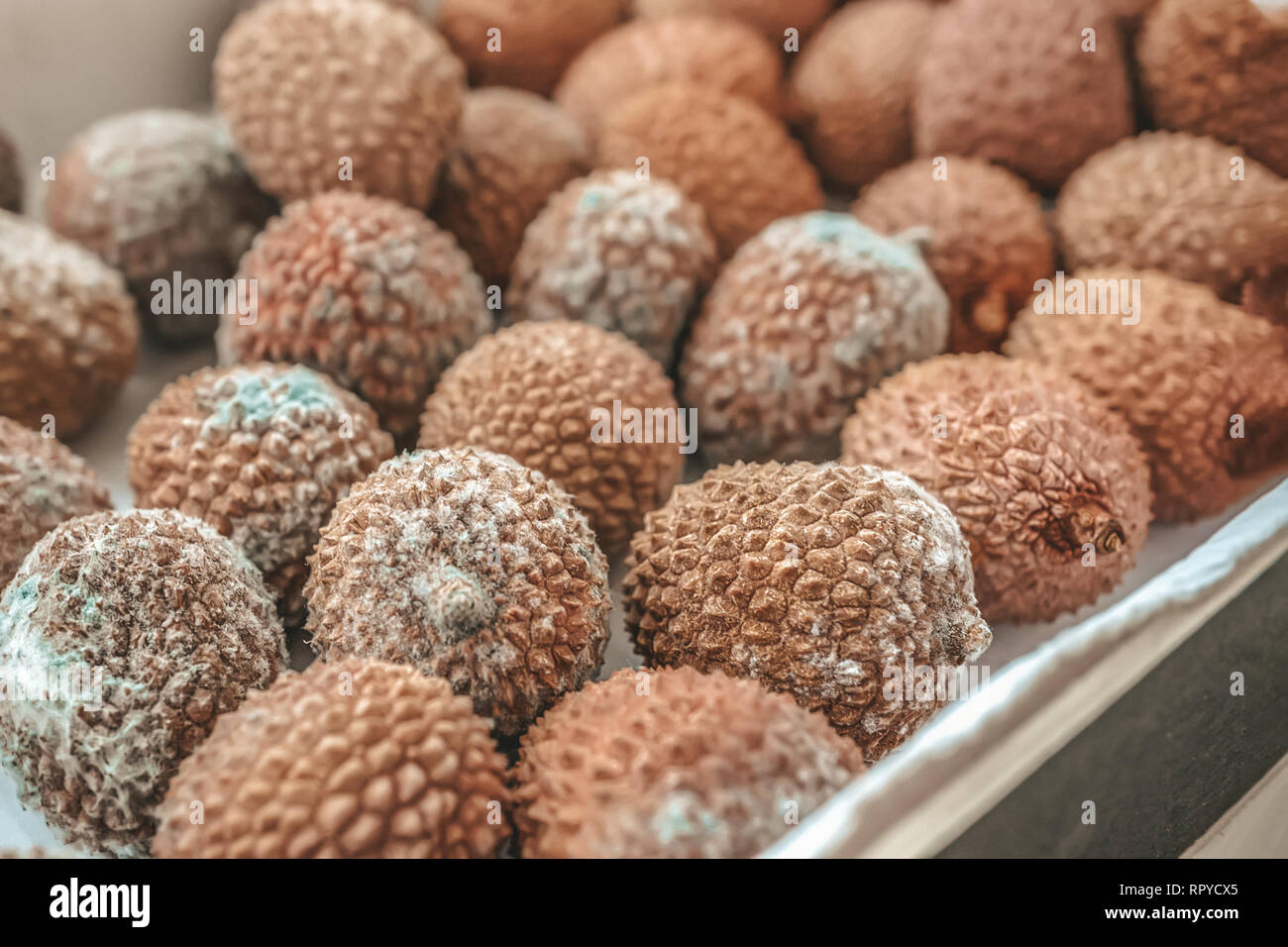 Rotten lychee fruit in a wooden drawer on a rustic wooden background ...