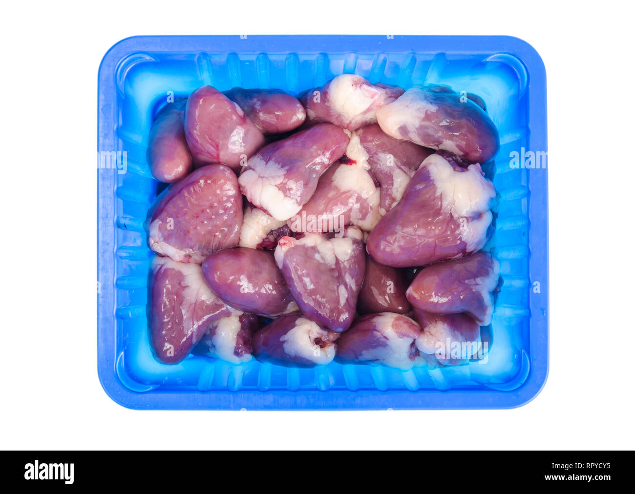 Chicken liver in plastic packaging isolated on white background. Studio ...