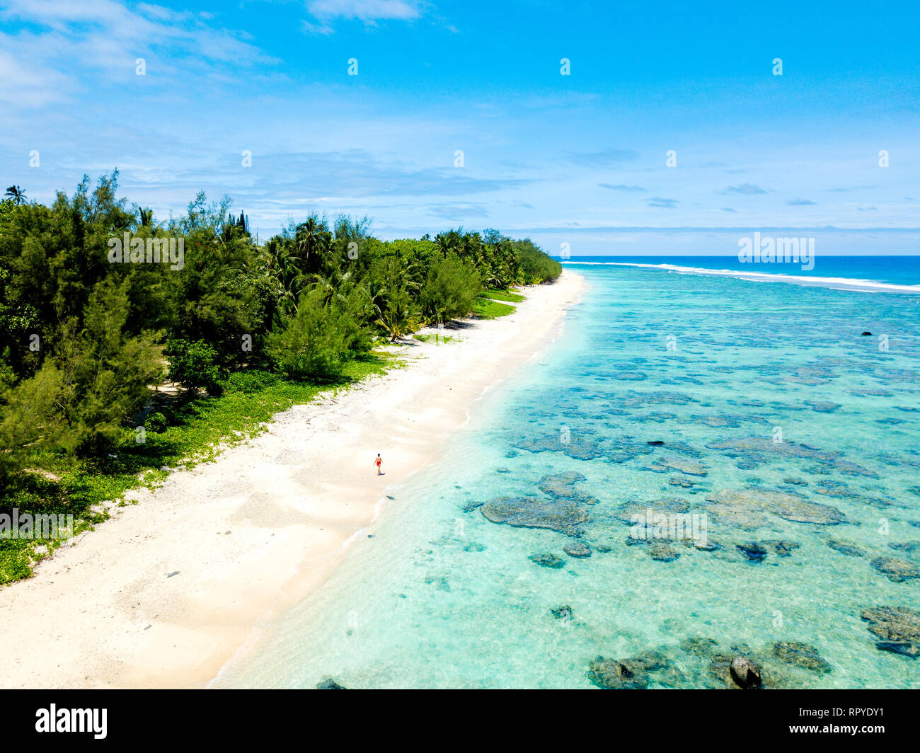 An aerial view of Black Rock Beach at Rarotonga in the Cook Islands ...