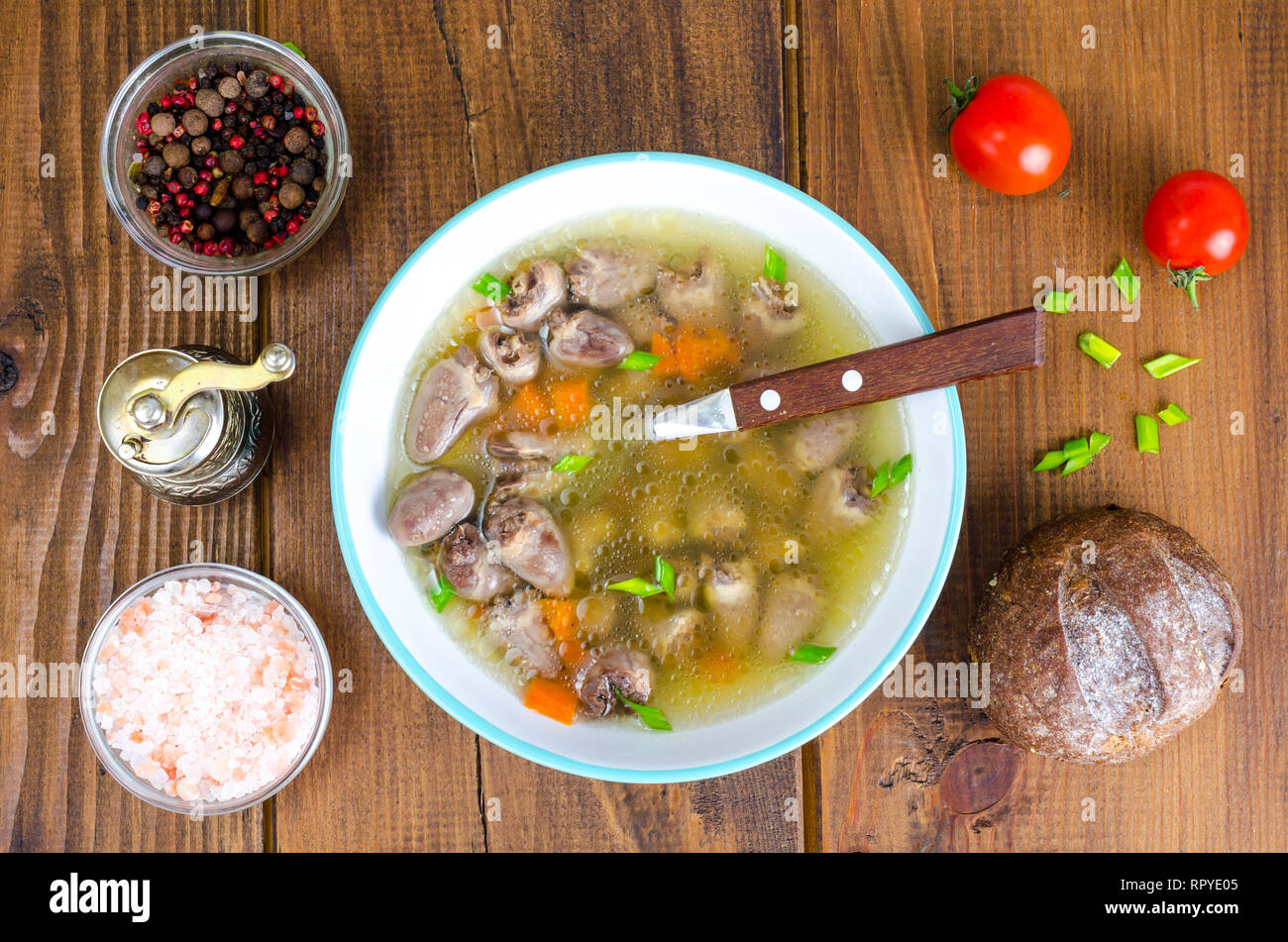 Transparent broth with chicken liver. Studio Photo Stock Photo - Alamy