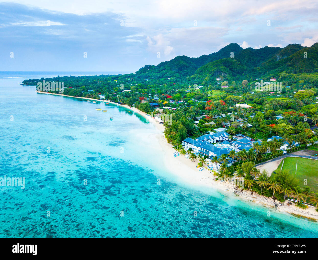 An aerial view of Muri Lagoon on Rarotonga in the Cook Islands Stock ...
