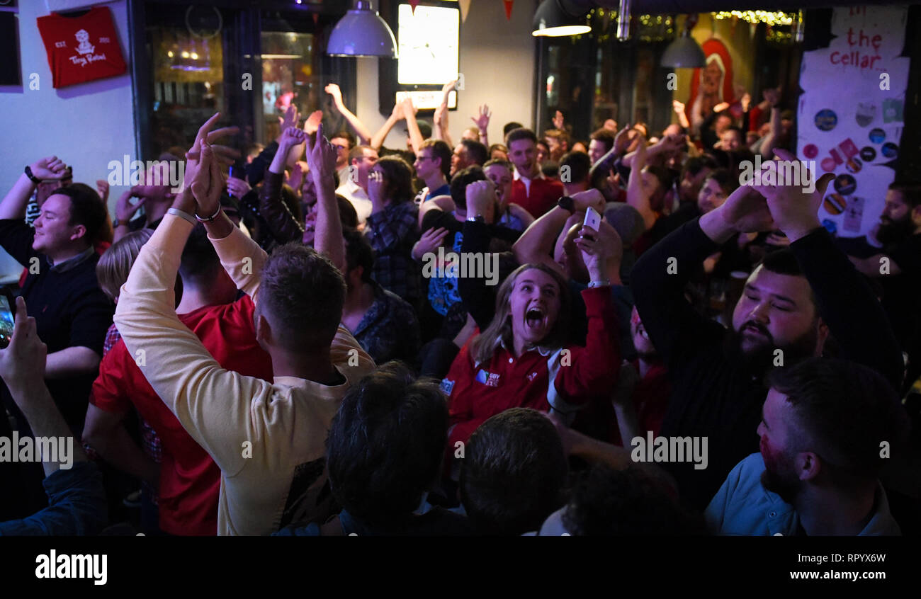Cardiff, Wales, UK, 23rd February 2019. Welsh rugby fans are pictured ...