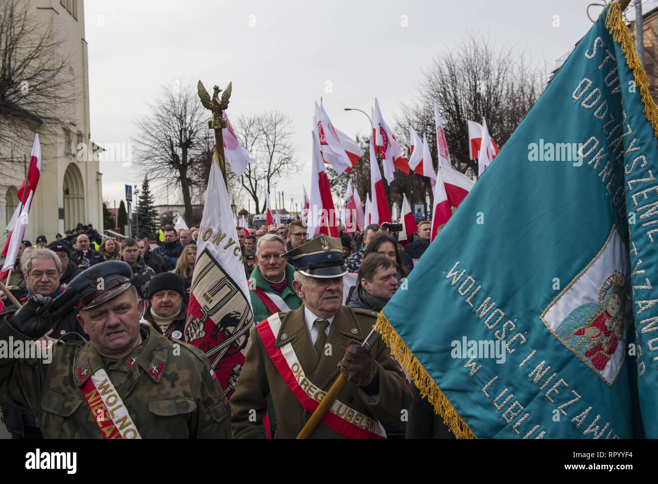 Hajnowka, Poldlaskie, Poland. 23rd Feb, 2019. Nationalists seen singing ...