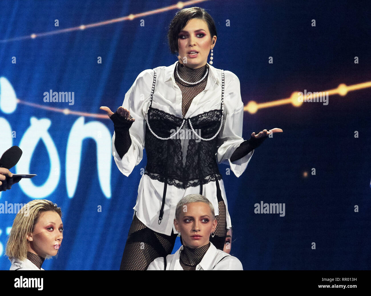 Kiev, Ukraine. 23rd Feb, 2019. Ukrainian singer MARUV speaks after ...