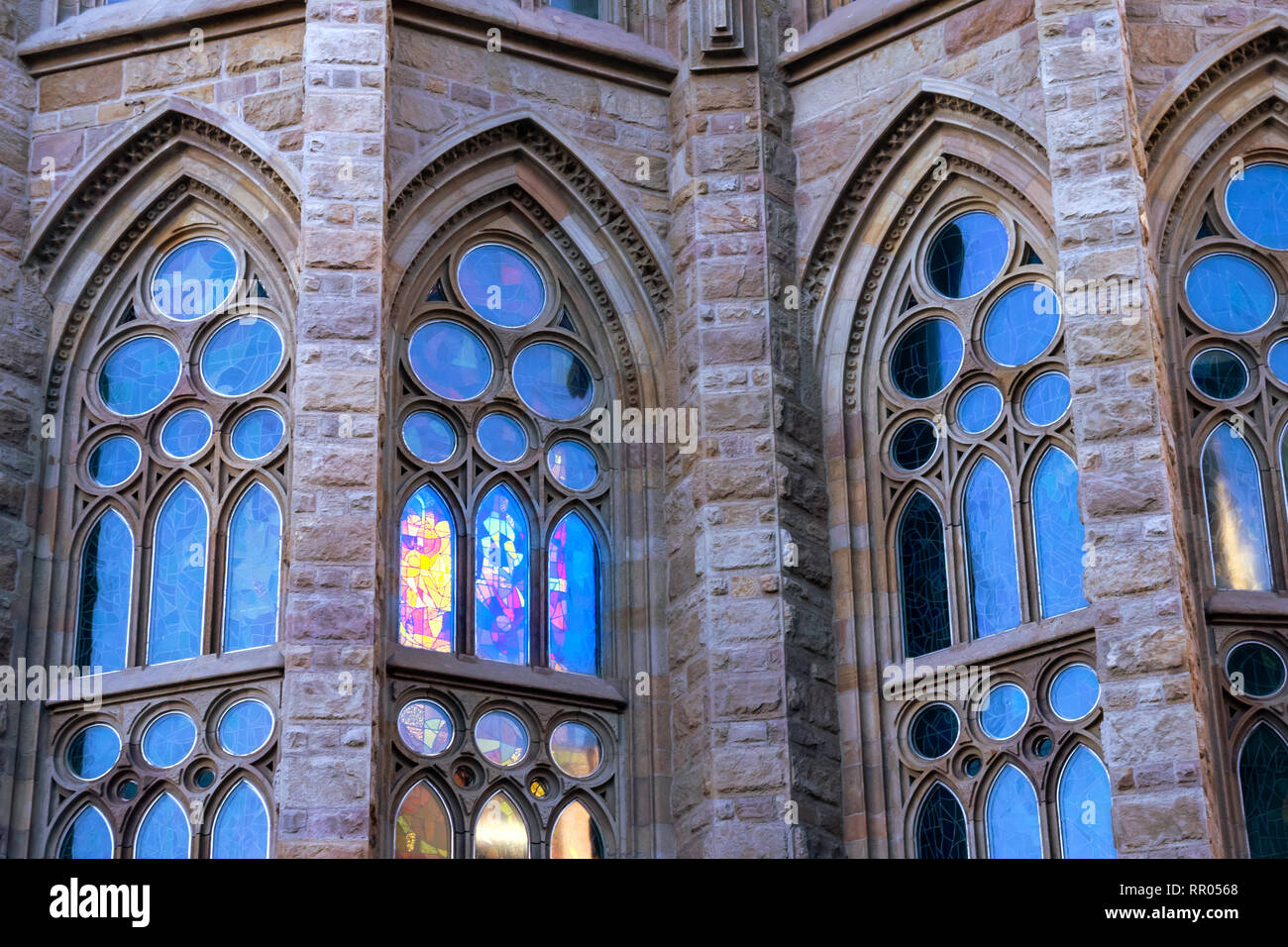 Barcelona, Spain - January 09, 2019: Stained glass windows of Basilicai ...
