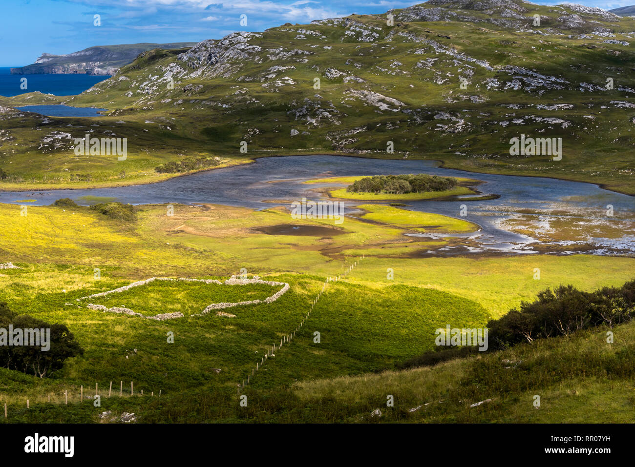 typical coastal landscape with endless pastures, Sutherland, Highlands ...