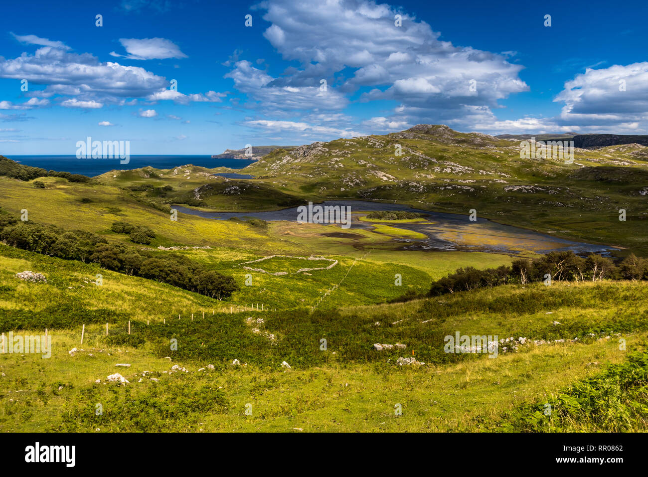 typical coastal landscape with endless pastures, Sutherland, Highlands ...