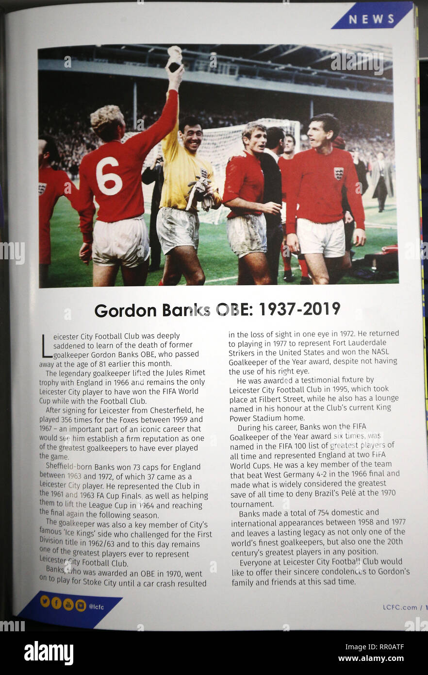 Gordon Banks tributes in the match programme before the Premier League ...