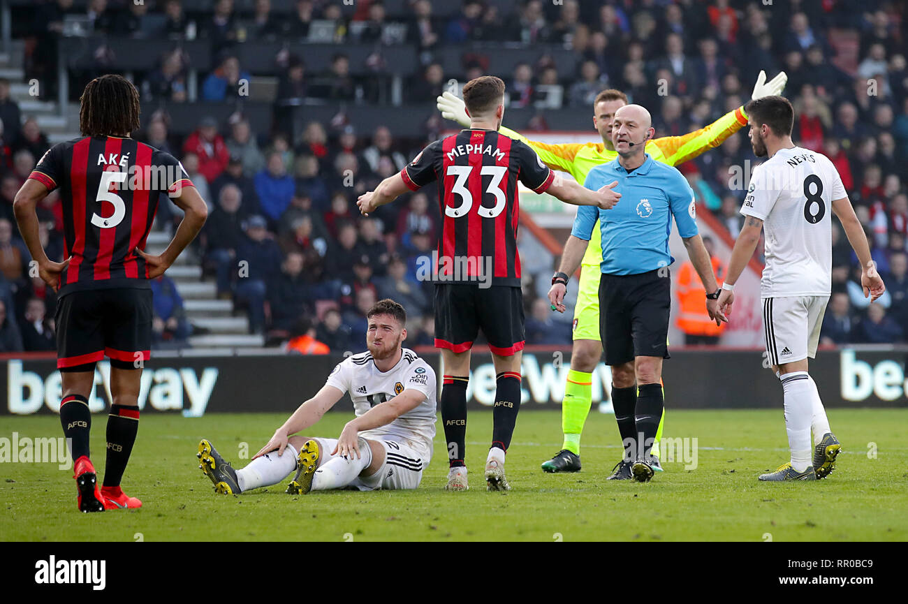 Bournemouth's Chris Mepham appeals to referee Simon Hooper during the ...