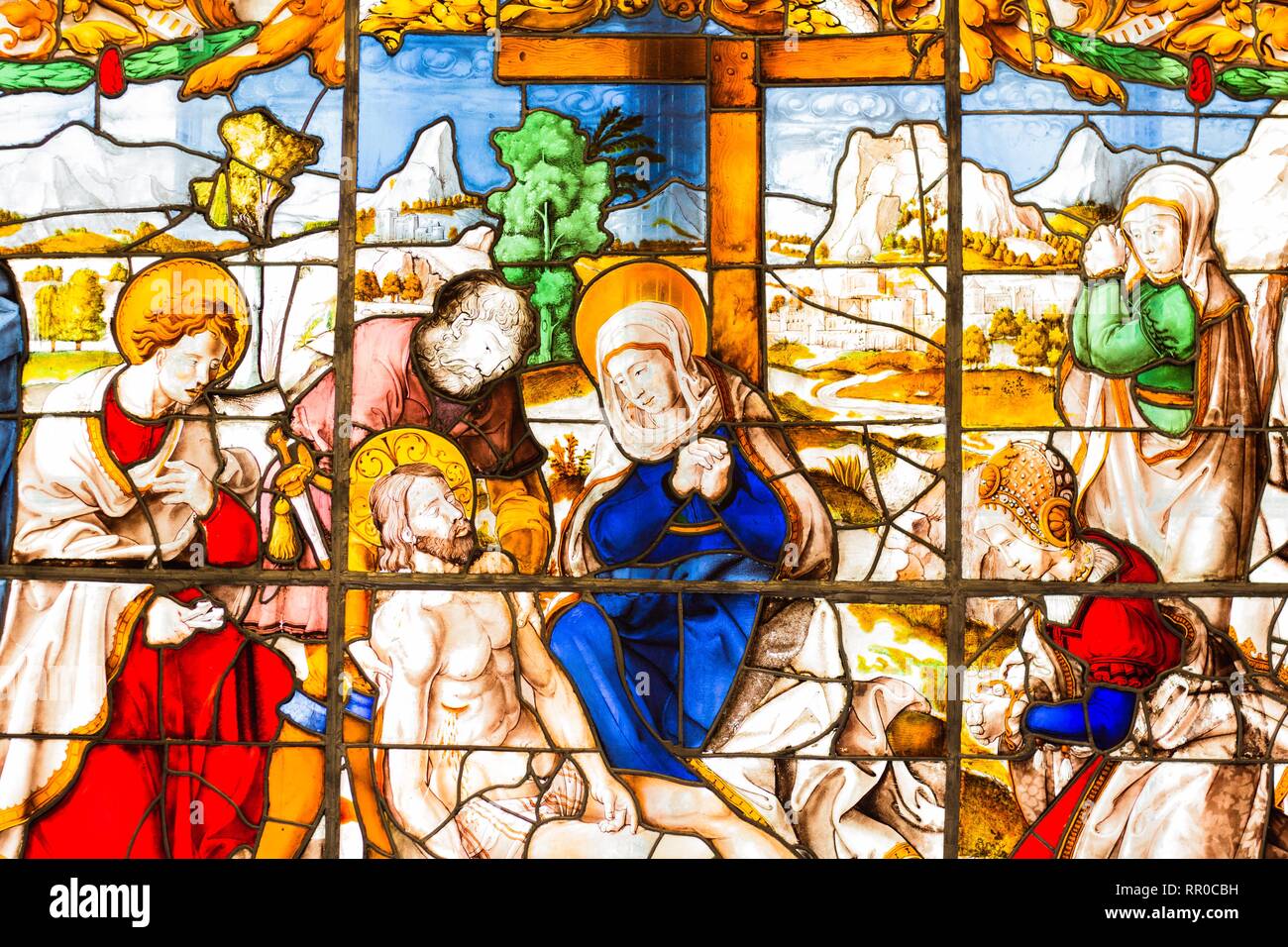 Stained glass window on which the scene mourning Jesus Christ. Made in ...