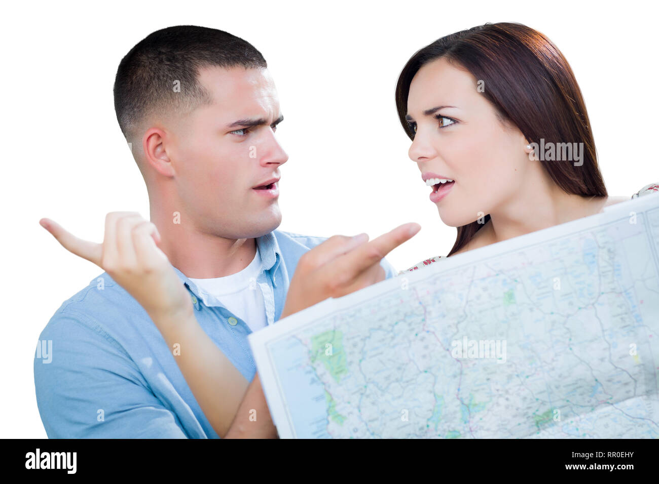Young Lost and Confused Military Couple Looking at Map Isolated on ...