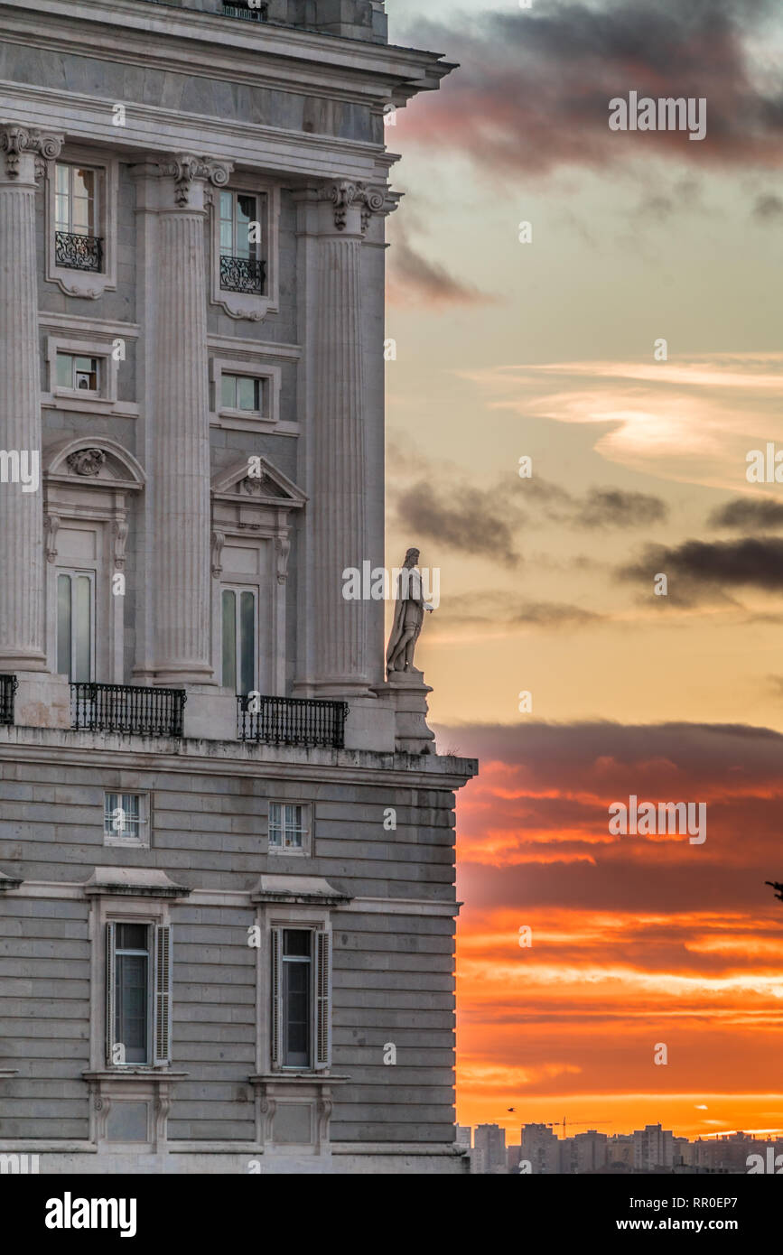 Madrid sunset at Royal Palace (Palacio Real) Columns windows and corner ...