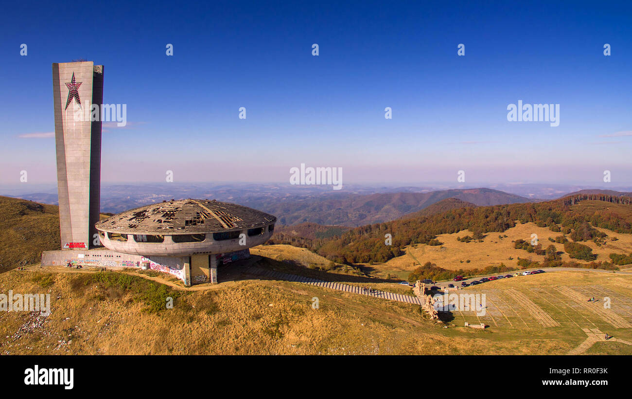 Drone top view Buzludzha - abandoned communist building in the Balkan ...