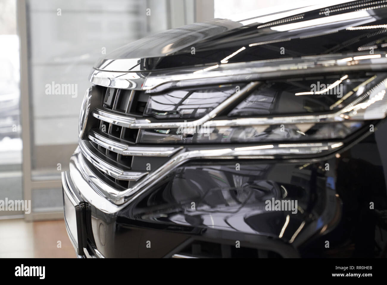 Side view of new, expensive, black automobile close up. Stylish ...