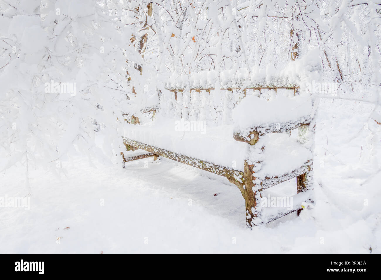 Bench covered in snow Stock Photo - Alamy