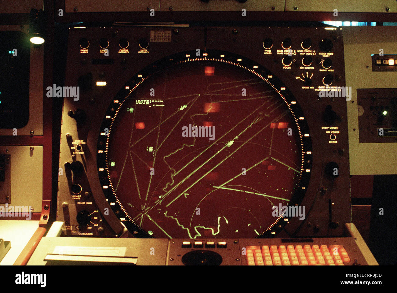 A close-up view of the south corridor en route position radar display ...