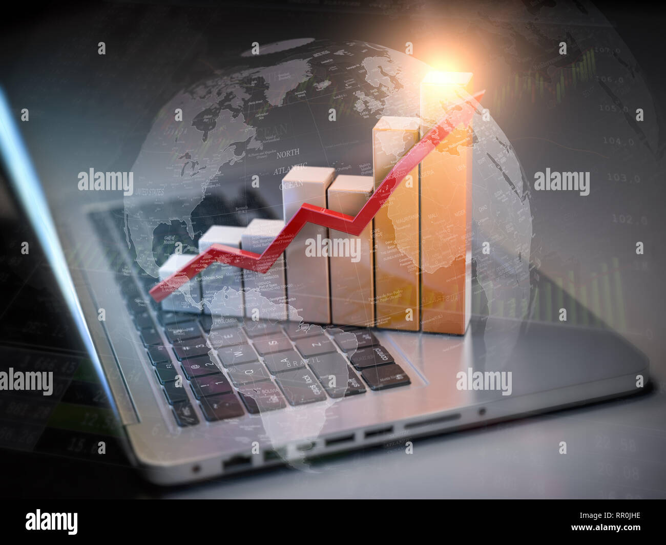 Business graph and diagram on laptop keyboard. New technologies ...