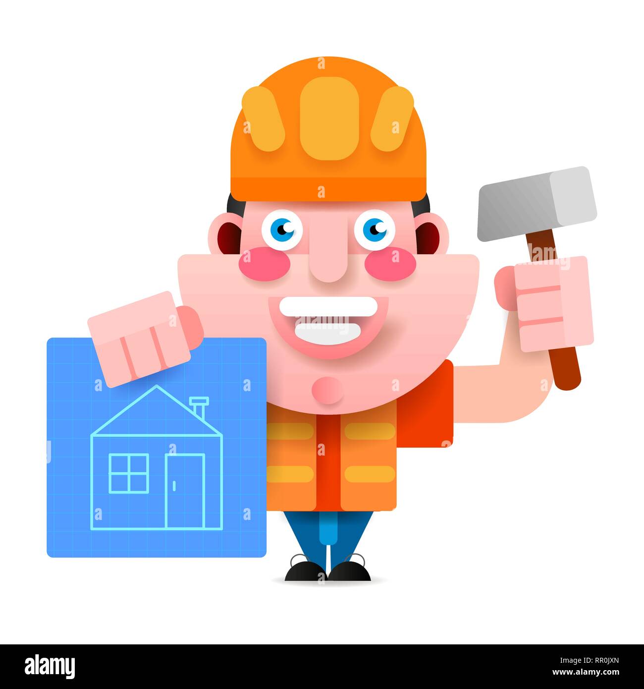 The Builder In A Helmet With A Hammer And A Drawing Scheme Of The House ...