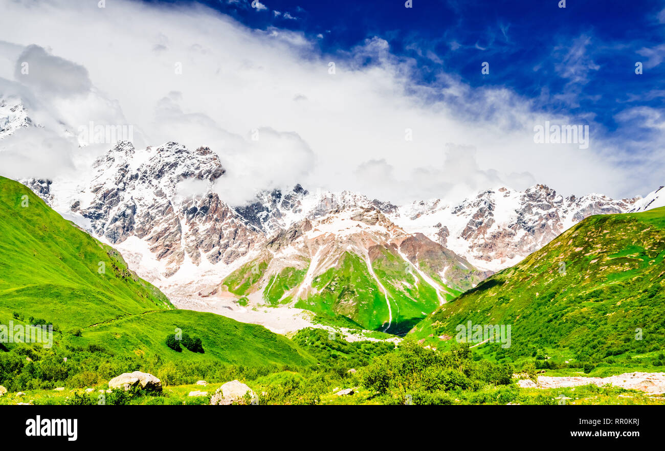 Valley of Shkhara Glacier with Shkhara, the highest mountain in Georgia ...