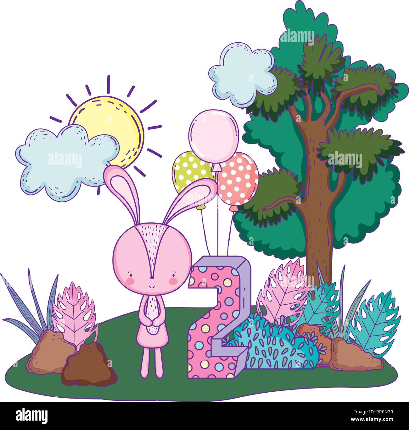 cute little rabbit with balloons helium in the landscape Stock Vector ...