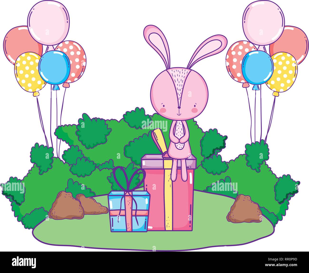 cute little rabbit with balloons helium in the landscape Stock Vector ...