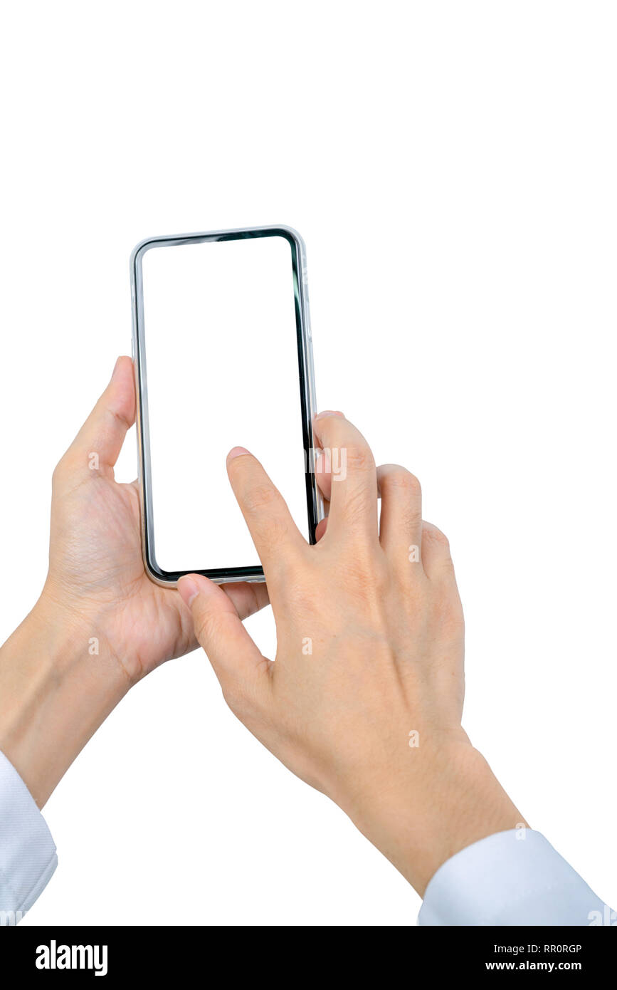 Woman's hand holding and using smartphone. Closeup hand touching ...