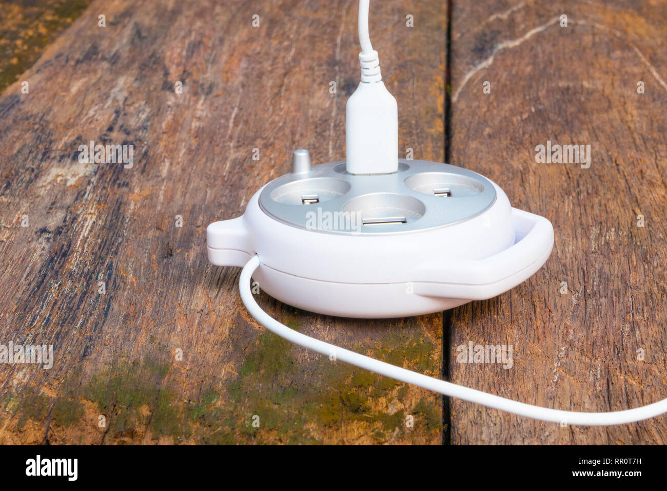 usb hub port white box and Cable channel on wooden vintage background ...